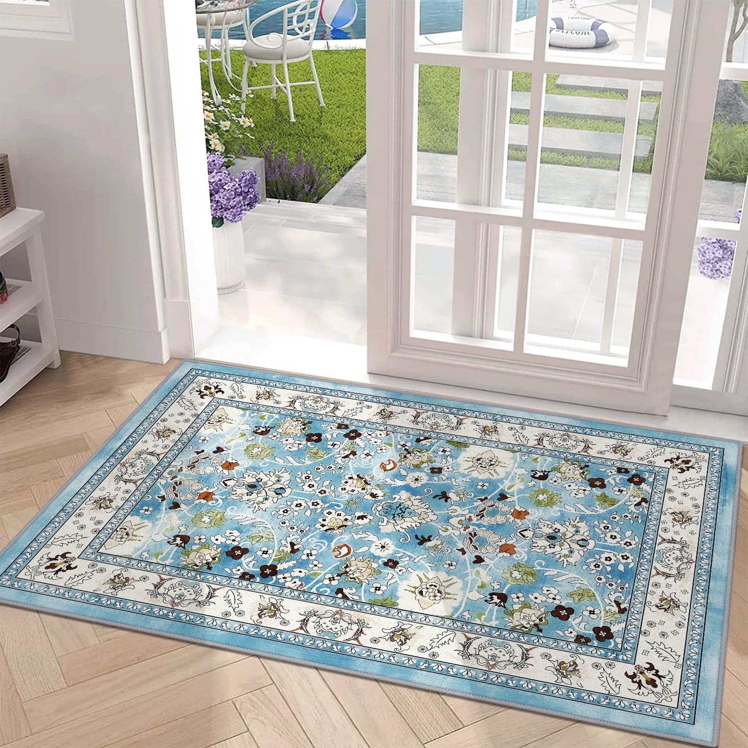 LOKHOM Washable Area Rug, 2x3 Non-Slip Hallway Rug Vintage Soft Small Kitchen Area Carpet, Boho Floral Faux Wool Door Mat Indoor Entrance Accent Throw Rugs for Bedroom Bathroom Kitchen Laundry(Teal)