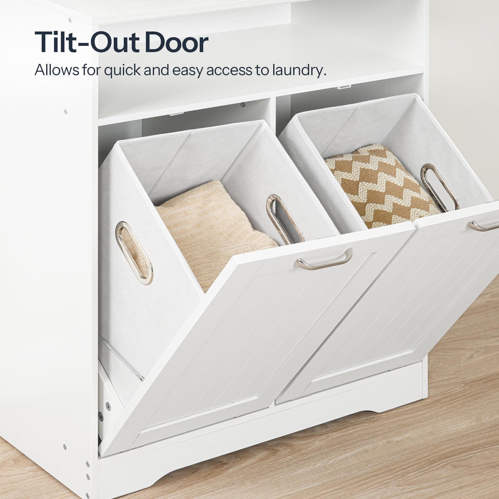 HOOBRO Laundry Cabinet, Tilt-Out Laundry Hamper, Pull Out Laundry Sorter with 2 Removable Basket and Open Shelving, Storage Cabinet for Laundry Room, Bathroom, Living Room, White WT80XY01