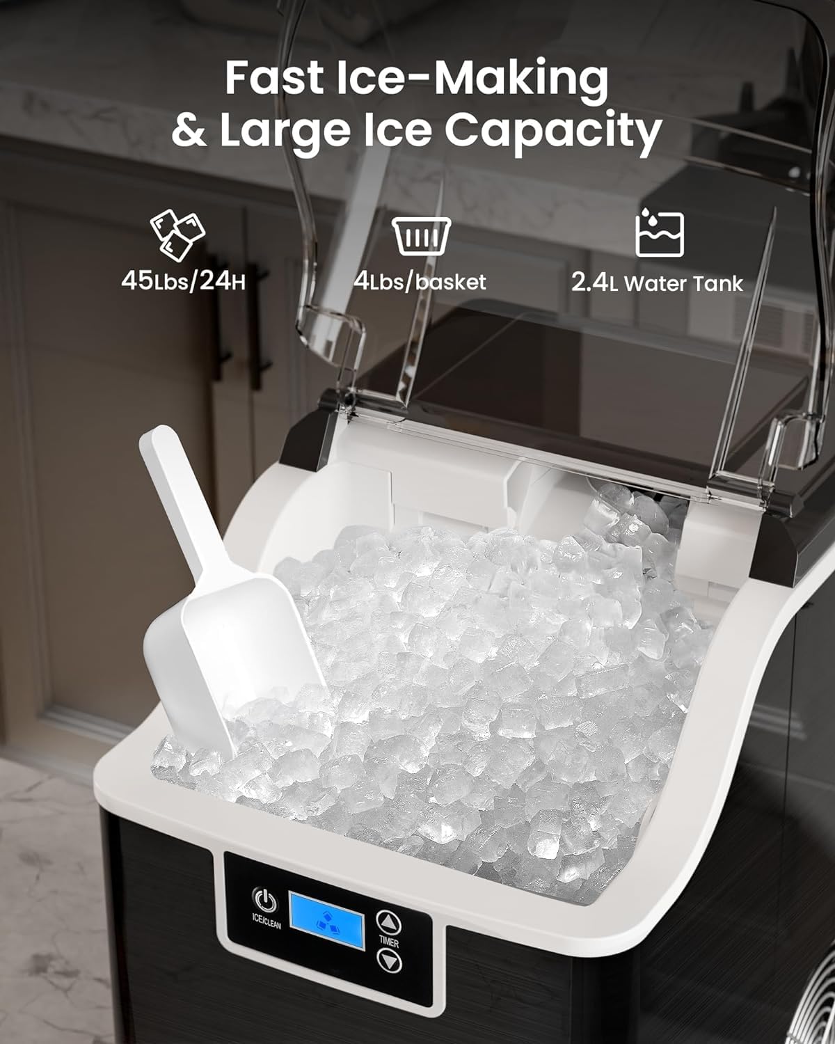 Kismile Nugget Ice Makers Countertop, 45lbs/Day Pebble Ice Maker Machine with 24-Hour Timer, Self-Cleaning Crushed ice Maker with Ice Scoop and Ice Basket for Home & Kitchen (Black)
