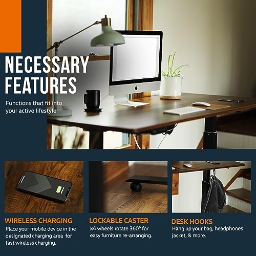 SuperHandy Standing Desk Adjustable Height (63'' x 30'') w/Wireless Charging, USB-C & AC Outlets, 3 Memory Presets - Large Electric Sit-Stand Adjustable Height up to 49'' - Rustic Wood