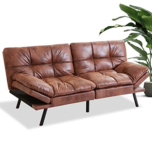 QAIIOO Futon Sofa Brown with Compact Living Space, Memory Foam Modern Convertible Sleeper Bed, Folding Recliner Adjustable Backrest Armrests, Apartment, Dorm, Bonus Room, 71" D x 33" W x 31.5" H