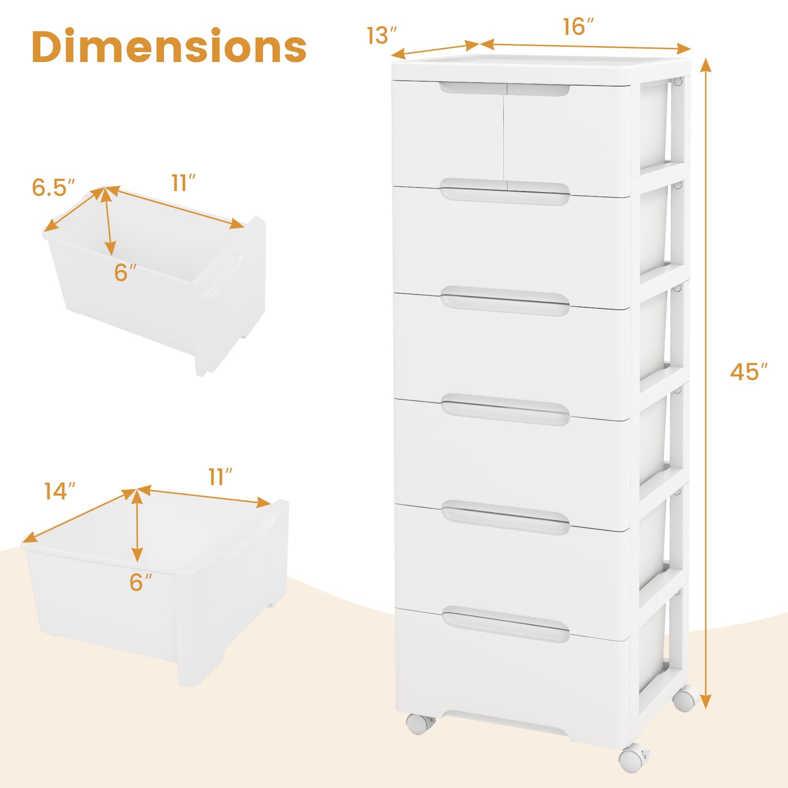 LOKO 7-Drawer Plastic Rolling Storage Cart, Mobile Storage Cabinet with 4 Universal Wheels, Vertical Storage Tower Container Unit for Living Room, Bedroom, Home Office, White (16βx13"x45β (7 Drawers))