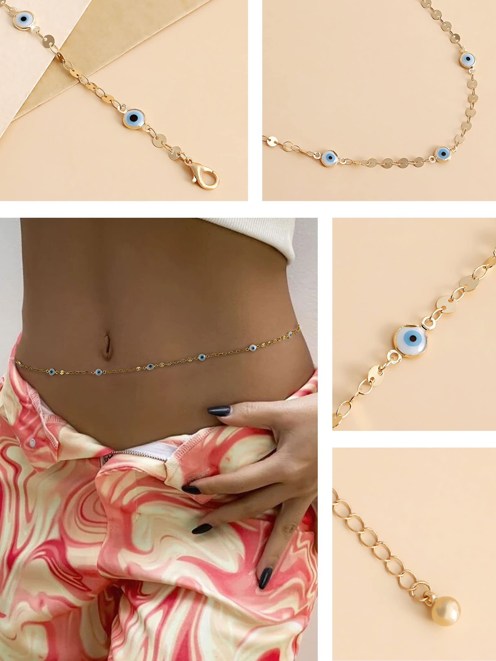 Evil Eye Waist Chain for Women Bikini Body Chain Sexy Belly Chain Boho Body Jewelry for Beach(A)