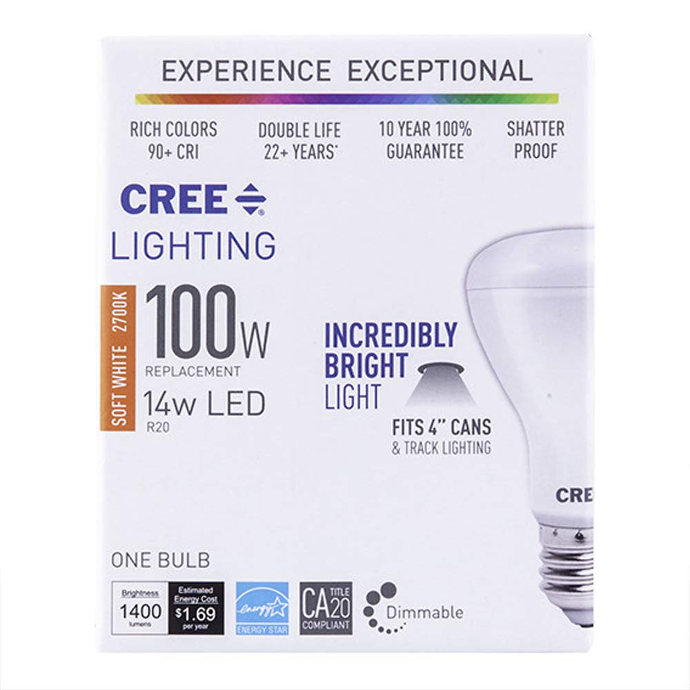 Cree Lighting R20 Indoor Flood 100W Equivalent LED Bulb, 1400 lumens, Dimmable, Soft White 2700K, 25,000 Hour Rated Life, 90+ CRI | 1-Pack