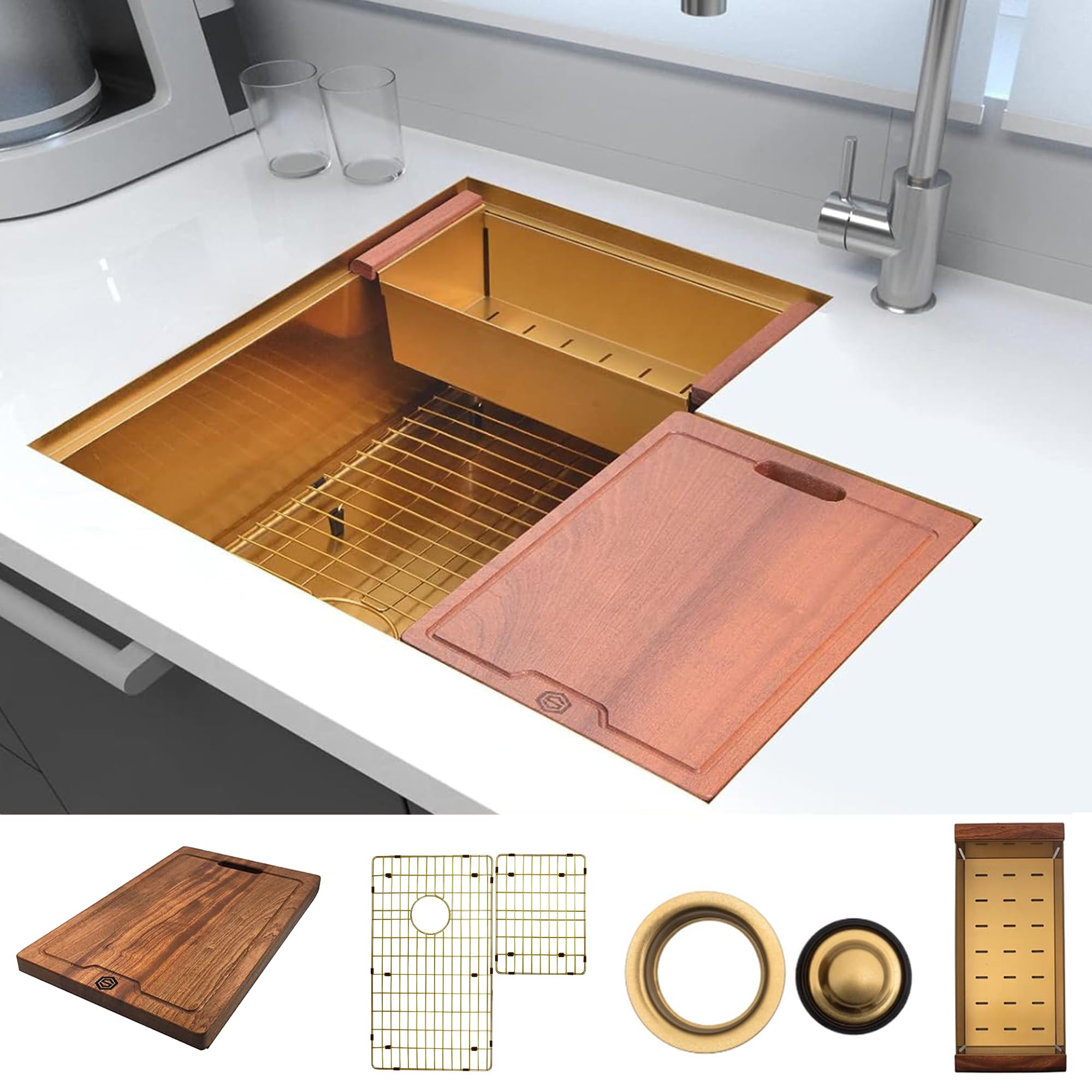 Strictly Sinks 30 Inch Corner Kitchen Sink Undermount - 16 Gauge Stainless Steel Sink Undermount, Scratch & Stain Resistant Corner Single Bowl Workstation Sink with Accessories (Gold)