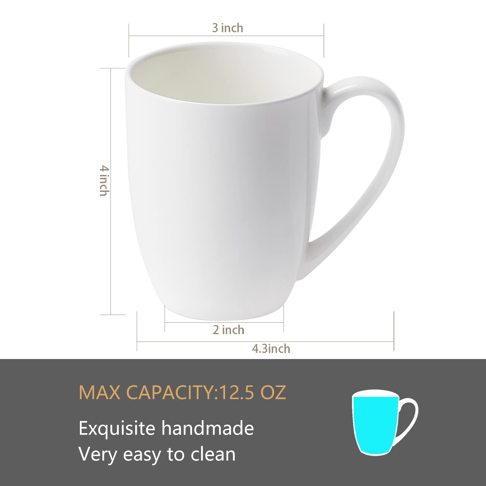 Gang Rinpoche 12 oz Fine Bone China Coffee Mugs, Over 45% Bone Content of Mugs, Durable Porcelain Coffee Mugs Sets, White Ceramic Tea Milk Cups Set of 4, Lightweight Christmas Bright Mugs