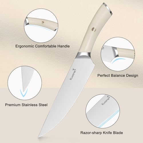 Kuisine Chef Knife Set Kitchen Utensil Set,High Carbon Stainless Steel Knife Set,Knife Block Set with Built-in Sharpener,Sharp Knife Set Forged,Elegant Gift(Ivory,15pcs)