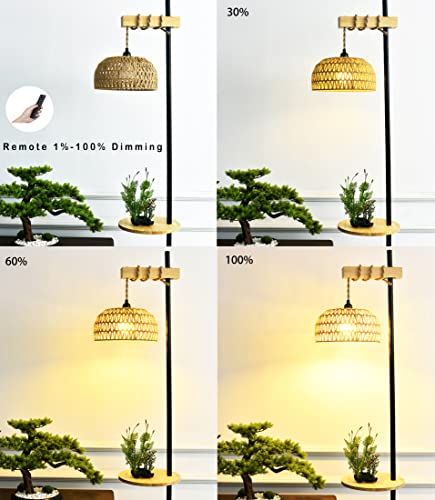 QIYIZM Floor Lamp with Table and Shelves for Living Room Bedroom Rattan Shelf Floor Lamps with Remote Boho Dimmable Standing Lamp Wicker Bamboo Wood Farmhouse Black Tall Lamp Rustic Floor Light
