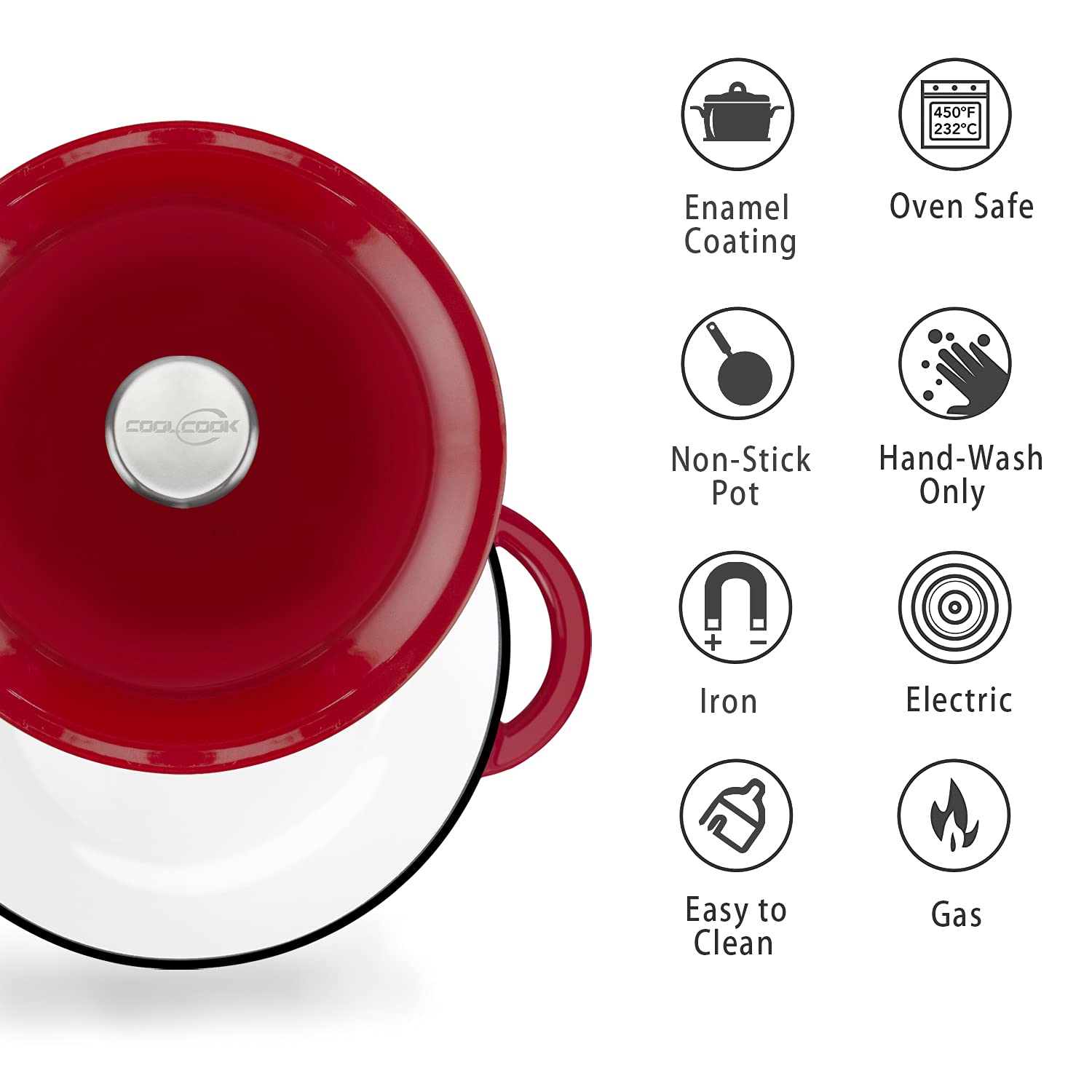 Enameled Cast Iron Dutch Oven, 2.6QT COOLCOOK Enameled Cast Iron Pot, Multifunctional Kitchen Cookware with Lid, Red