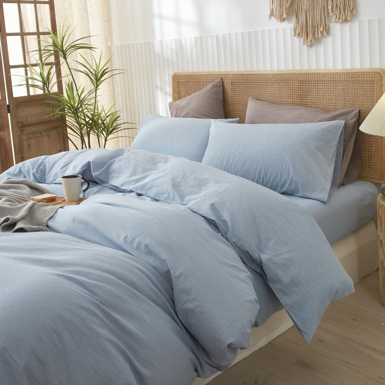 LIFETOWN 100% Washed Cotton Duvet Cover Set Linen Like Textured Breathable Lightweight (Linen, King)