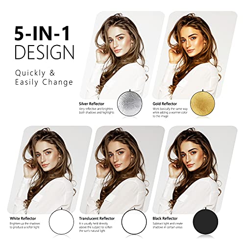 NEEWER 43 Inch/110 Centimeter Light Reflector Light Diffuser 5 in 1 Collapsible Multi Disc with Bag - Translucent, Silver, Gold, White, and Black for Studio Photography Lighting and Outdoor Lighting