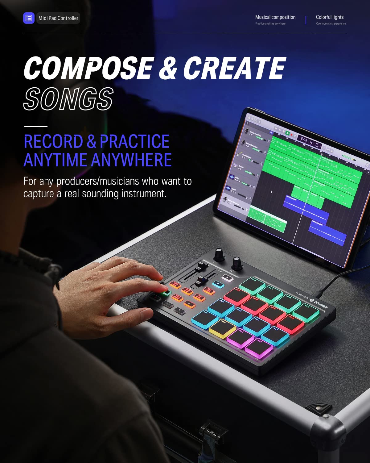 Donner MIDI Pad Beat Maker with 16 Beat Pads, 2 Assignable Fader & Knobs and Music Production Software Included, USB MIDI Pad Controller STARRYPAD with 40 Free Courses