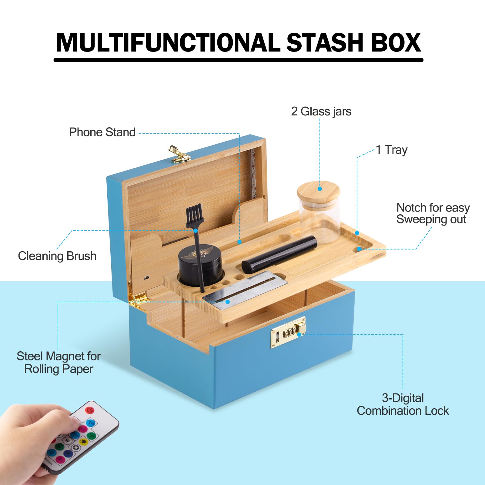 IEVEY Stash Box with Rolling Tray & Neon, Smell Proof Large Bamboo Storage Box with Lock, Decorative Box Set Includes Glass Jars & Grinder & Brush, Great Gift for Men Women(Blue)