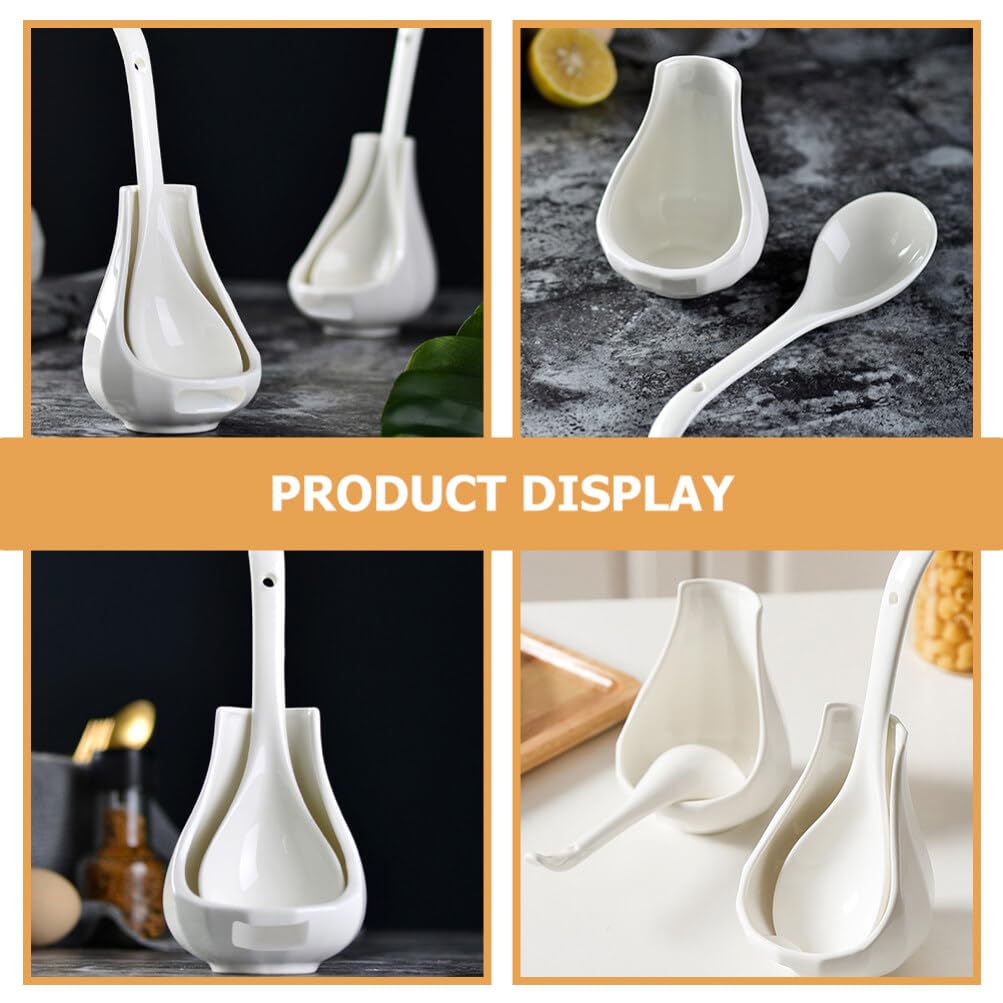 Luxshiny Hot Pot White Ceramic Soup Ladle with Rest Set Porcelain Big Ladle Spoon Asian Soup Tureen Spoon Flatware for Stews Gravy Sauce Soup Spoon Stand