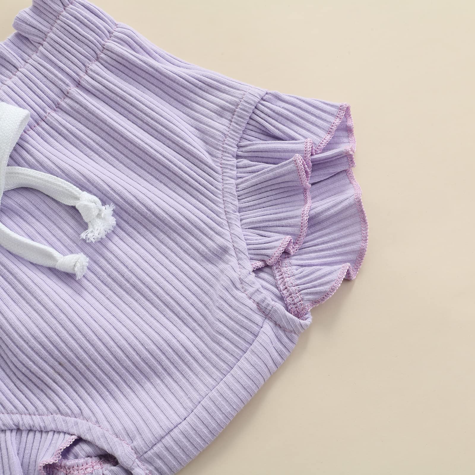 Toddler Baby Girl Summer Short Clothes Ribbed Ruffle Sleeve Tops+Elastic Drawstring Short Pants Two Piece Solid Outfit Set (A-Purple, 12-18 Months)