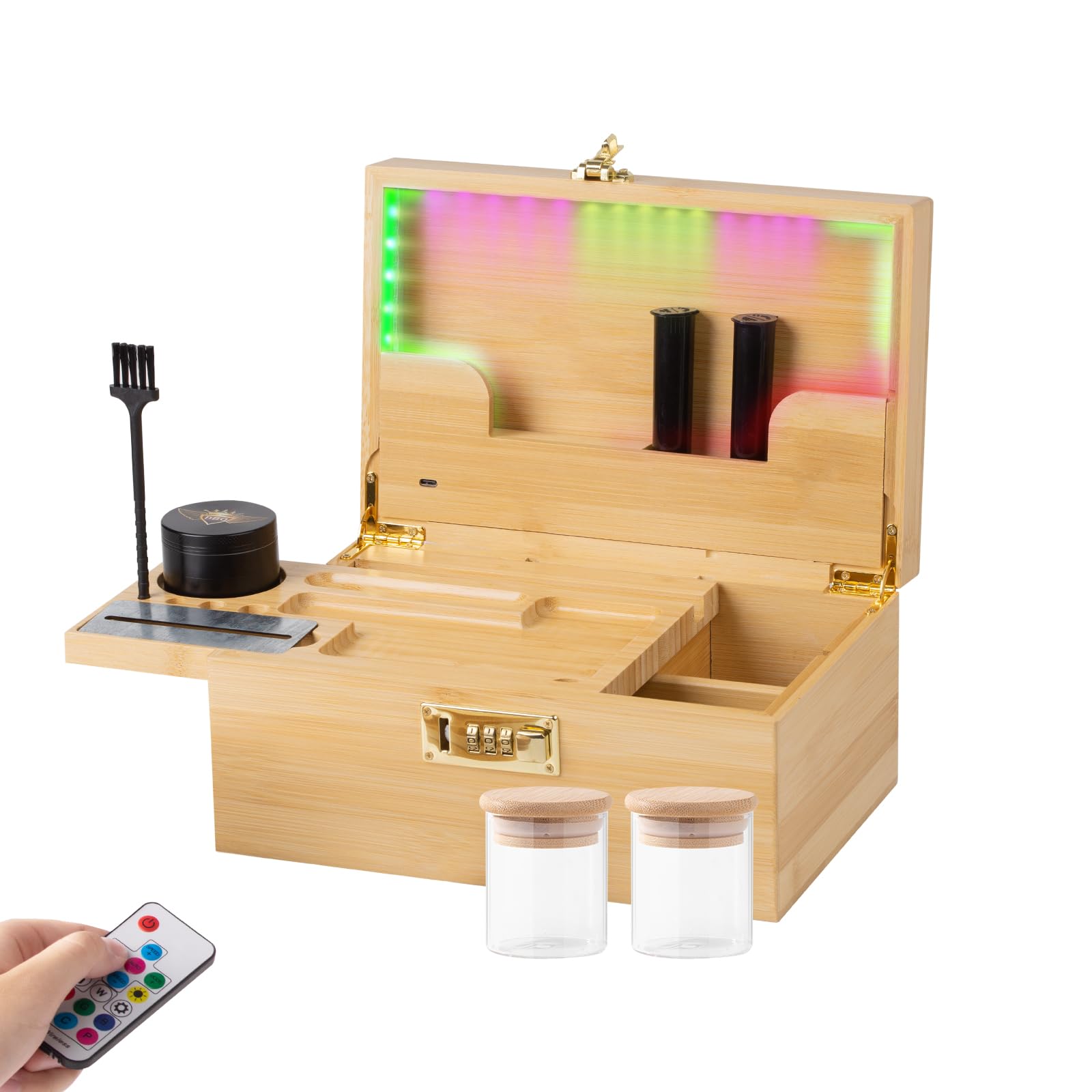 IEVEY Stash Box with Rolling Tray & Neon, Smell Proof Large Bamboo Storage Box with Lock, Decorative Box Set Includes Glass Jars & Grinder & Brush, Great Gift for Men Women(Bamboo)