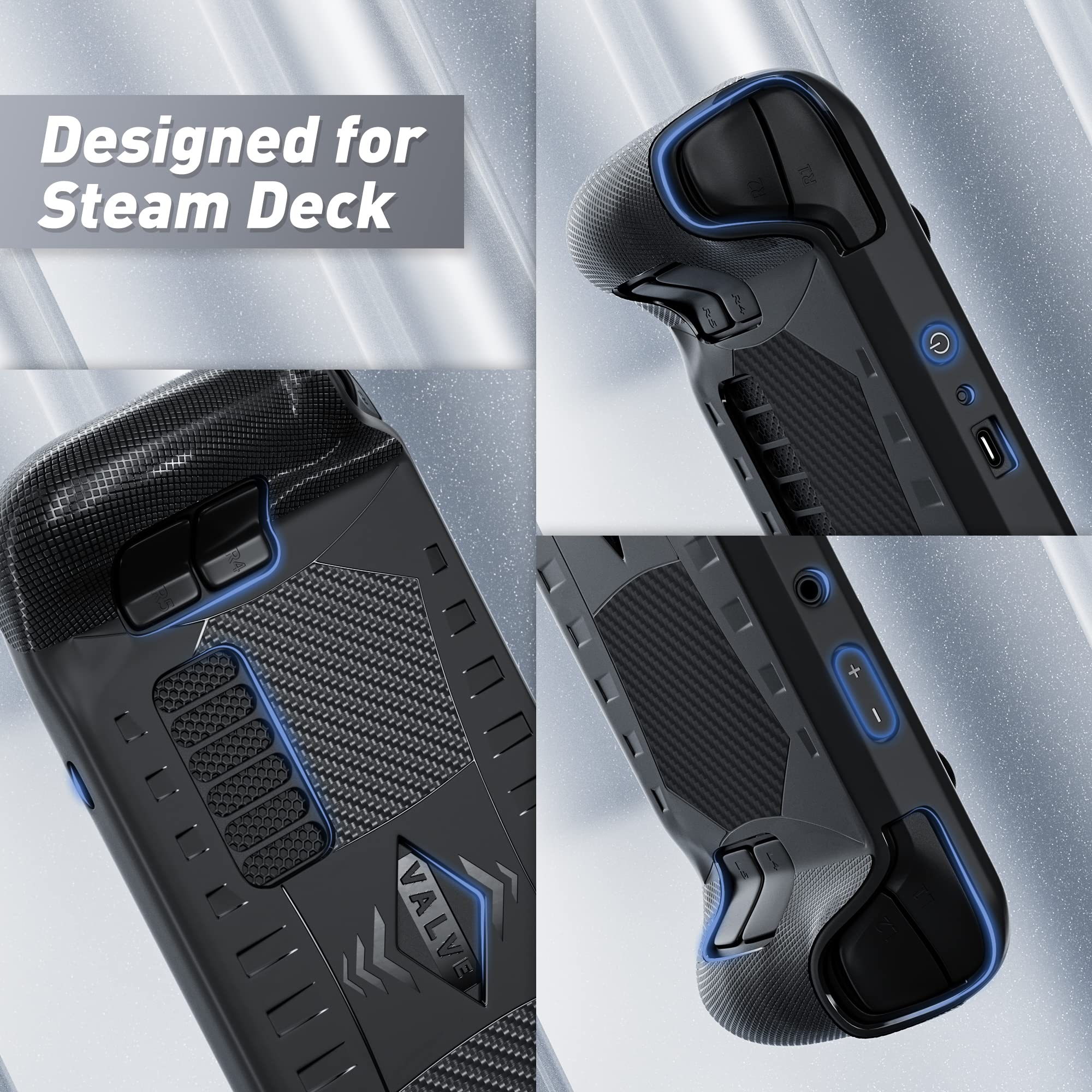FANPL TPU Case for Steam Deck Case, Protective Cover Compatible with Valve Steam Deck Console, Game Accessories with 2 Glass Screen Protectors, 4 Thumb Grip Caps, Non-Slip, Anti-Scratch - Black