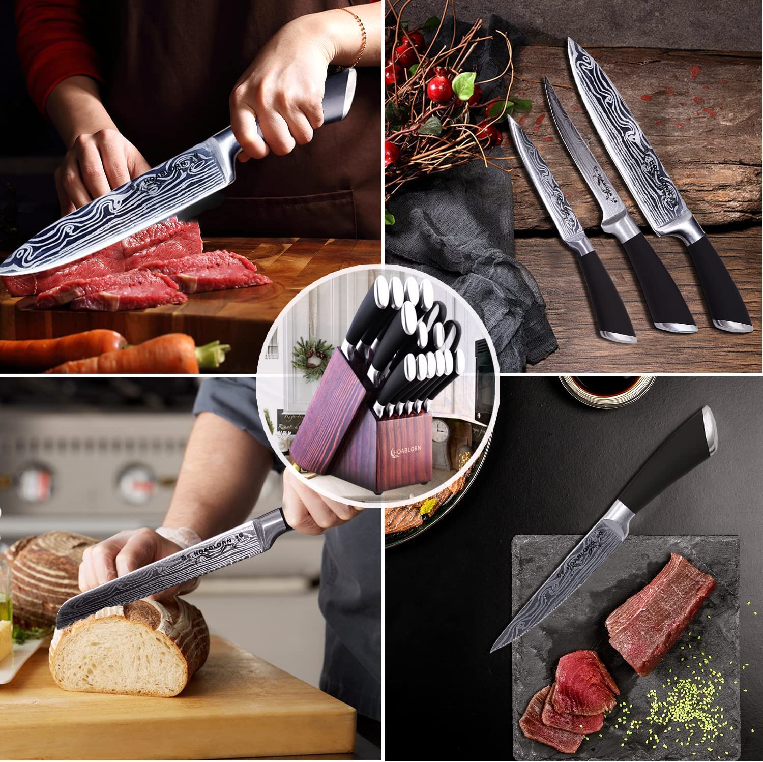 Knife Set Kitchen Knife Set with Knife Block, 15-Piece Professional Stainless Steel Damascus Set with Built-in Knife Sharpener and Free Wine Box,Great Gift Idea!