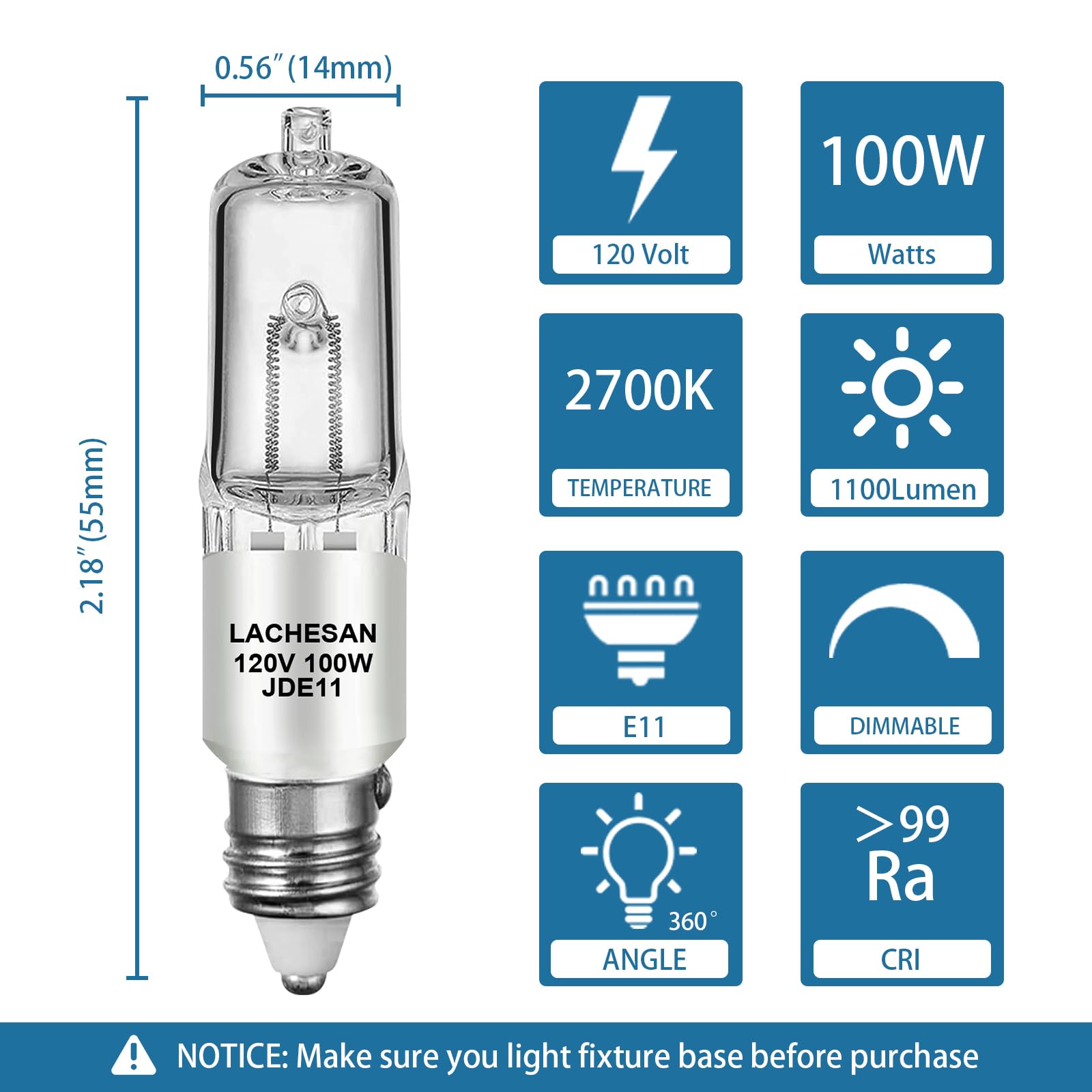 Lachesan JDE11 120v 100w, E11 Halogen Bulb(Replacement E11 Led Bulb) T4 Mini Candelabra Base, 2700K Warm White Dimmable for Chandeliers, Ceiling Fan, Table Lamps, Cabinet Lighting, 4 Pack
