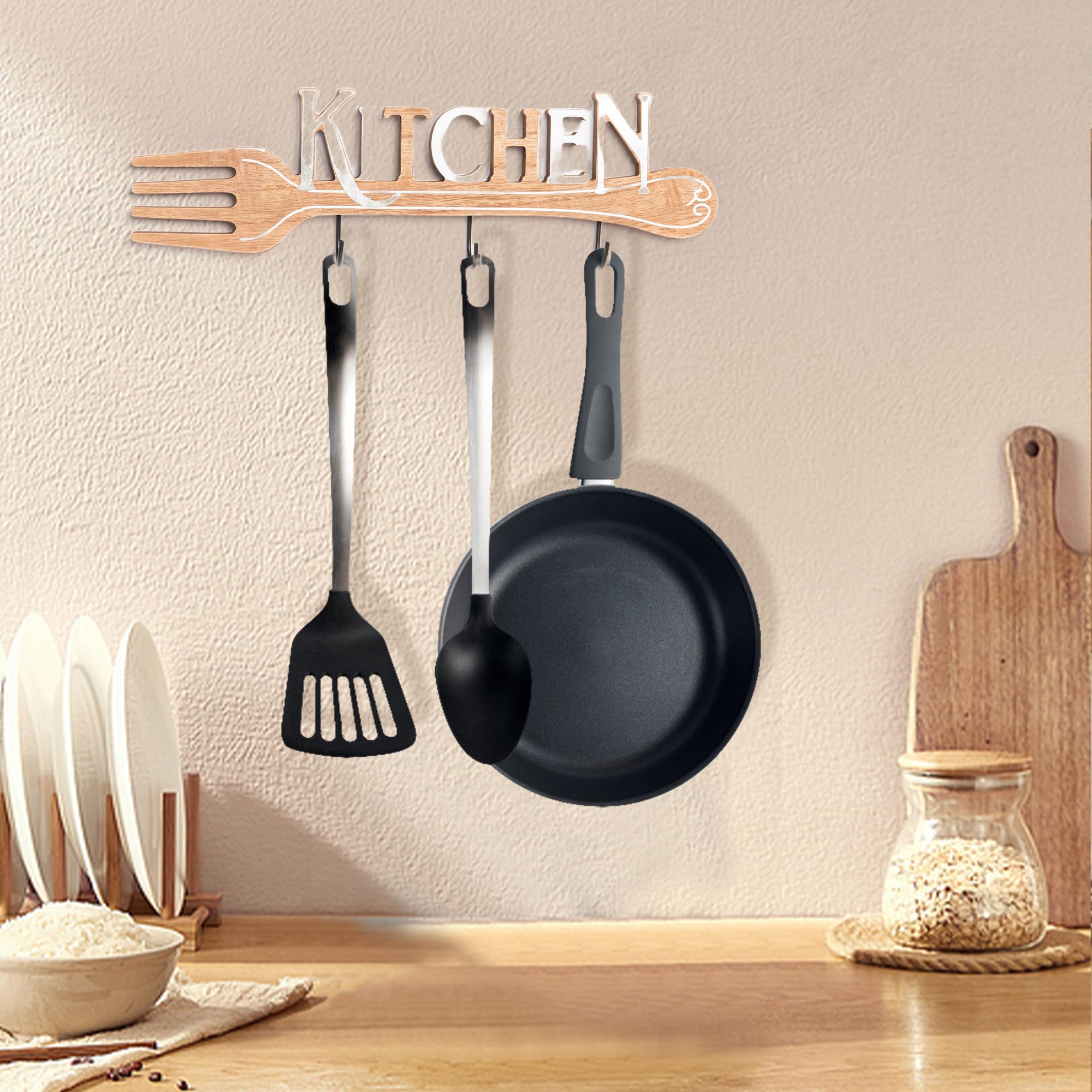 GENMOUS Kitchen Utensil Rack, Rustic Wood Coat Rack Wall Mount Shelf with Hooks, Kitchen Farmhouse Wall Coat Rack with Shelf & Coat Hook with 3 Hooks for Kitchen Decor