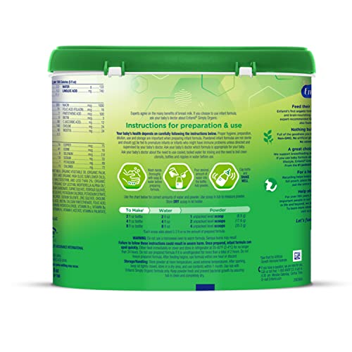 Enfamil Organic Baby Formula, Simply Organic by Enfamil, Organic Milk from Grass-Fed Cows, Milk-Based Powder with Iron, Non-GMO, Powder Tub