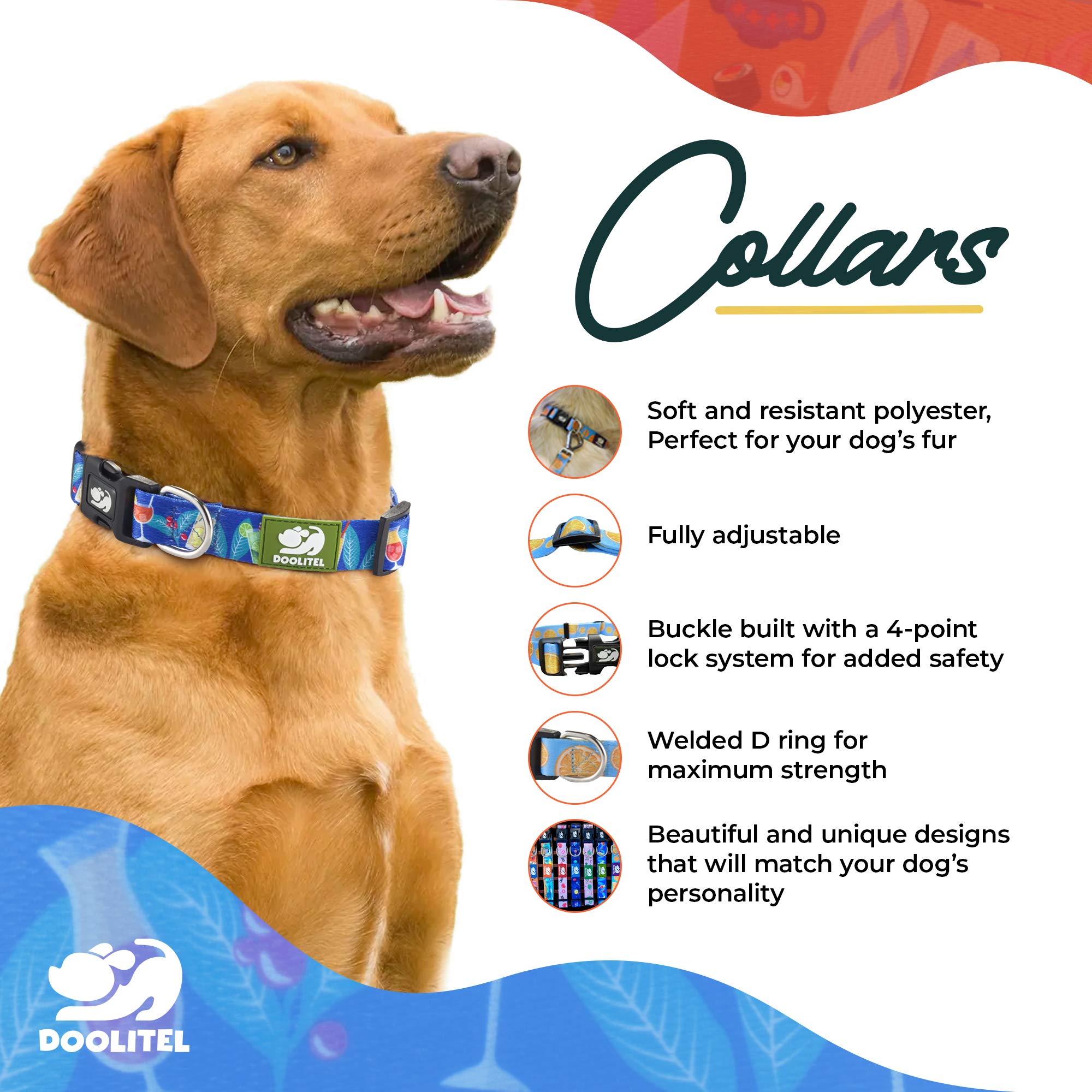 DOOLITEL Dog Collar [Oranges], Soft Polyester Material; Detachable, Adjustable Safety Buckle, Silicon Tag, Precise Heavy Duty Stitching, Steel D-Ring; Attach to Dog Leash, Suitable for Medium Dogs