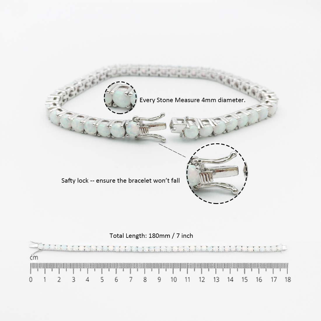 FANCIME Sterling Silver Opal Bracelets 4 Prong Created Fire Opal Tennis Bracelet Charm Fine Jewelry for Women 7 inch