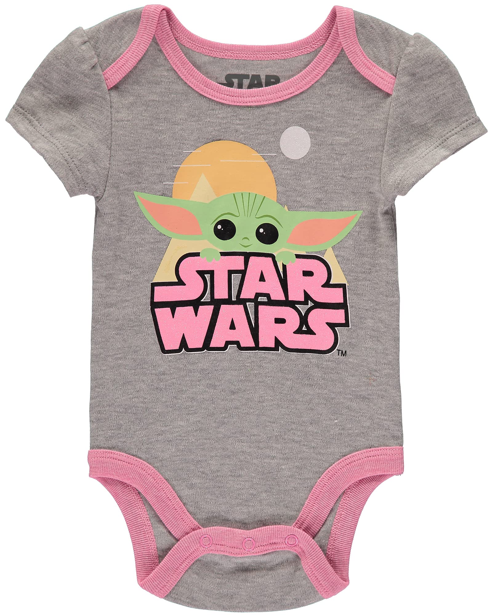 STAR WARS Baby Girls Baby Yoda Creeper Bodysuit 3 Pack (Green/Pink/Grey, 6-9 Months