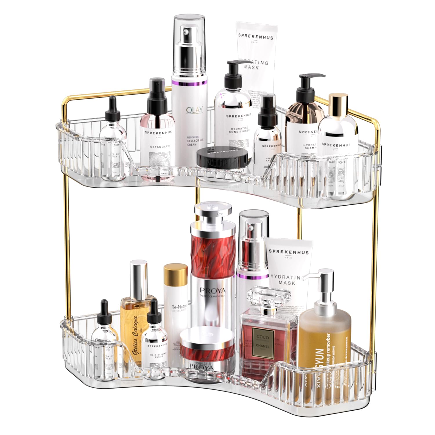 GTI 2 Tier Bathroom Counter Organizer, Multi-function Corner Bathroom Organizer Countertop,Makeup Organizer Perfume for Dresser Vanity Tray, Spice Rack Organizer for Kitchen (1 Pc, Clear)