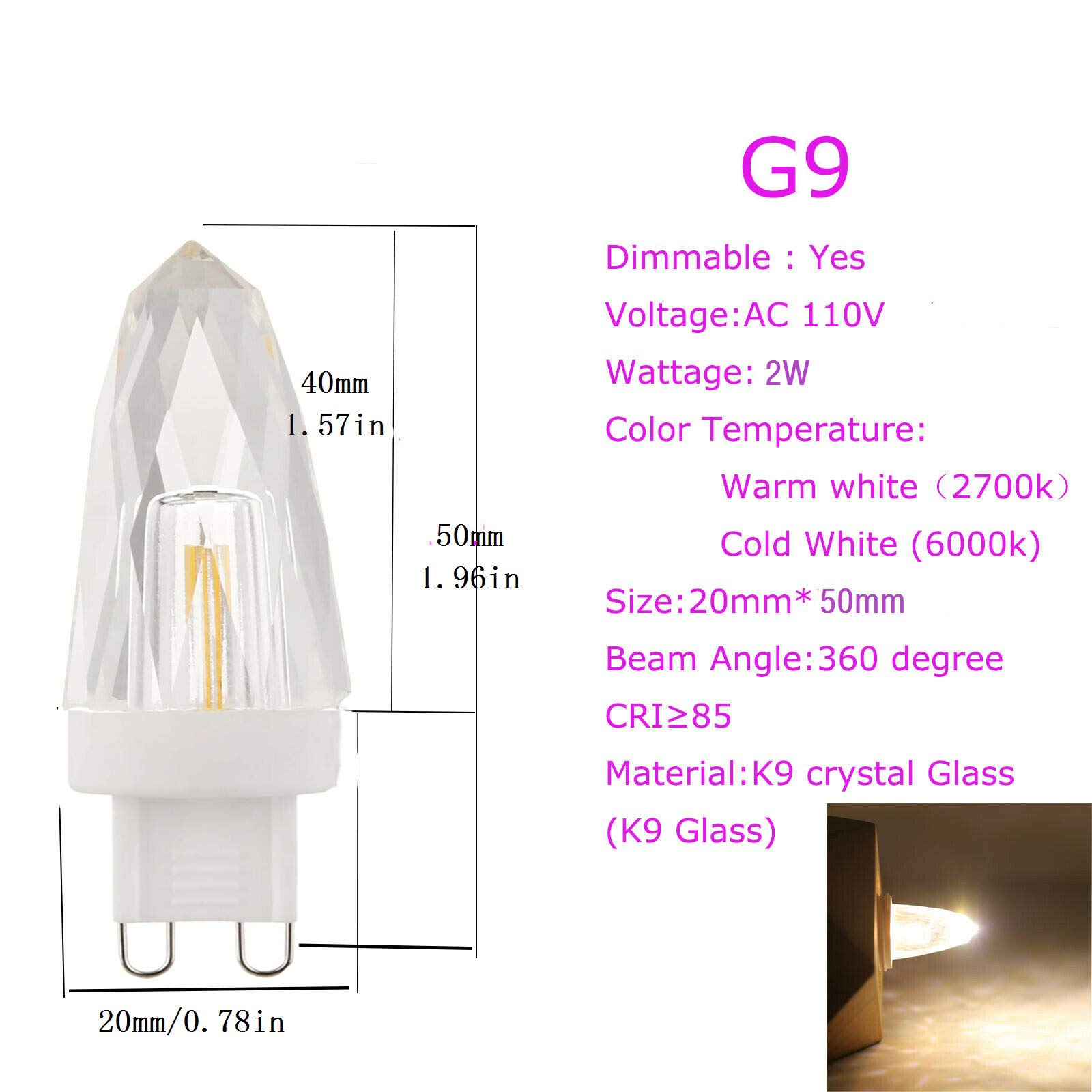 Lxcom Lighting G9 LED Light Bulbs 2W (15W Halogen Equivalent) Dimmable Crystal COB Bulb Warm White 2700K 200LM G9 Base AC110V for Home Lighting, 6 Pack