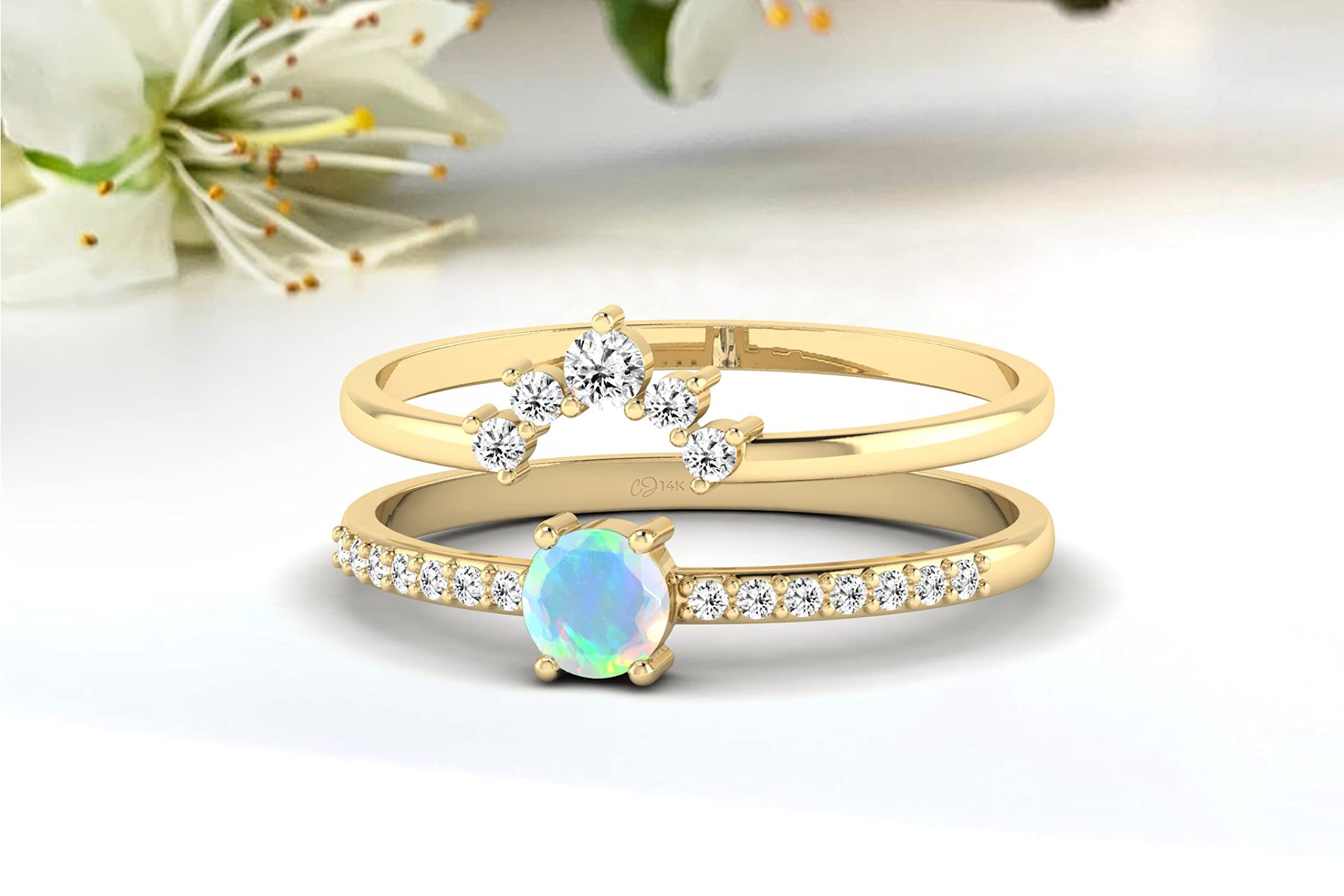 Engagement Wedding Ring Set, Solitaire Opal Ring with Side Stone, Diamond Curved Stacking Ring Yellow Gold