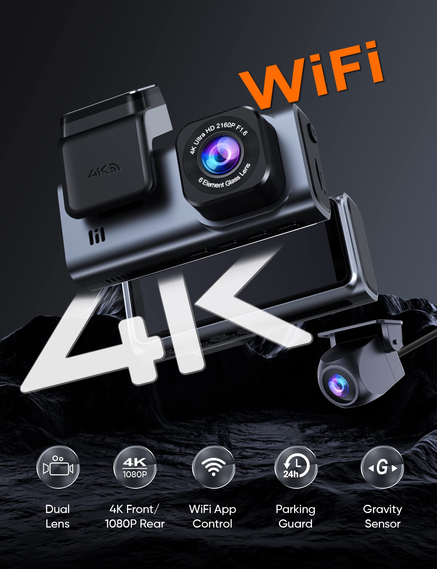 Dash Cam Front and Rear 4K+1080P WiFi Dash Camera for Cars with App, 24 Hours Parking Mode, G-Sensor, Loop Recording, Support 256GB Max