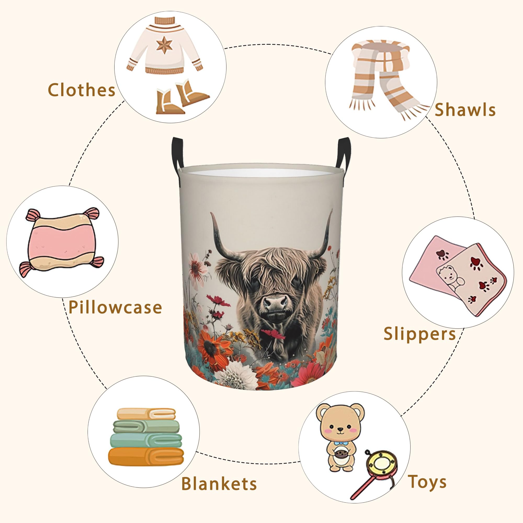 Highland Cow with Flowers Laundry Basket,Waterproof Laundry Hamper,Collapsible Organizer Basket for Storage Bin Toy Bins, Dirty Clothes Laundry Basket for Living Room/Bathroom/Bedroom