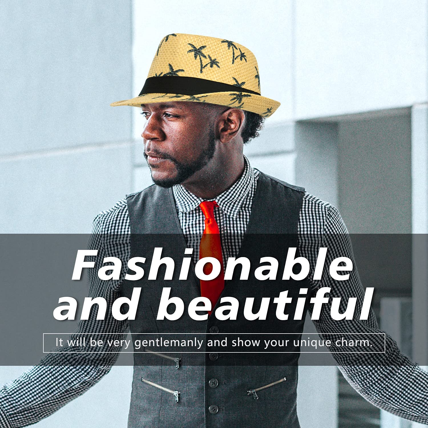 FADACHY Summer Straw Fedora Hat Short Brim Panama Sun Hat Trilby Beach Hat for Men & Women Khaki L Large XL