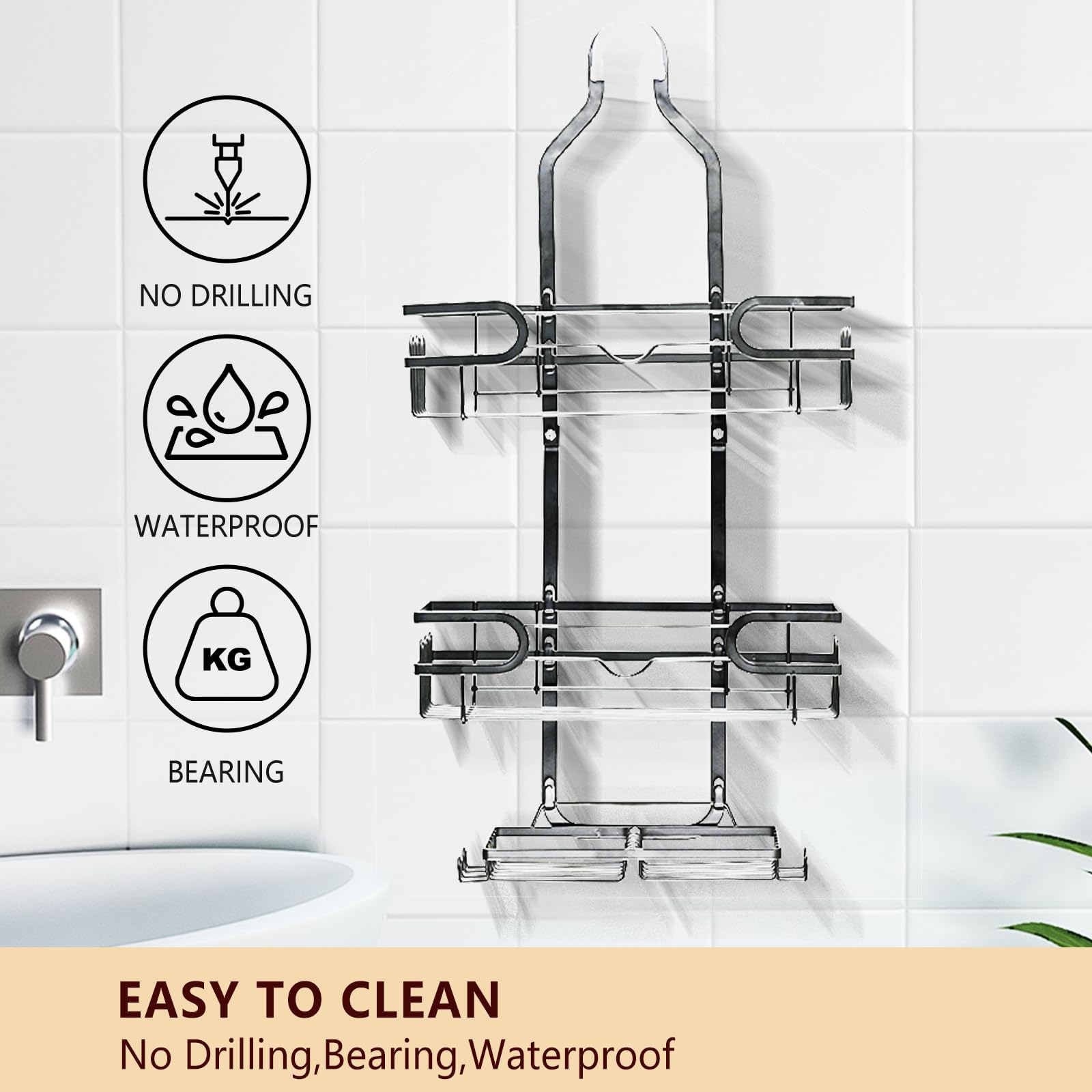 Lawhood-Mijin Shower Caddy Hanging, Over Head Shower Caddy Shower Storage Rack Basket with Hooks for Razor and Sponge Rustproof, No Drilling, Accessories for Bathroom and Kitchen, Black