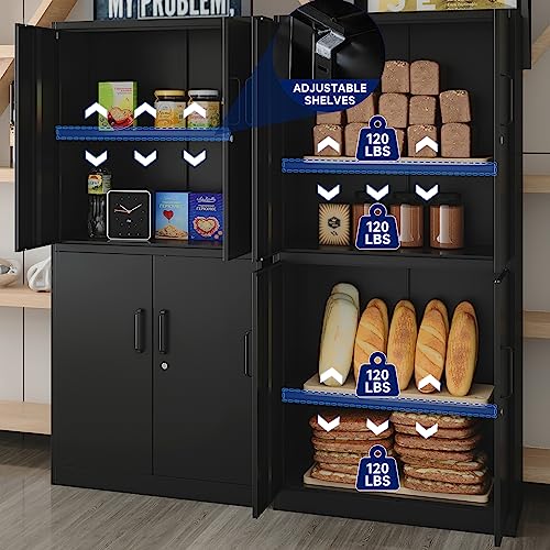 Yizosh Metal Storage Locking Cabinet with 4 Doors and 2 Adjustable Shelves,71" Lockable Garage Tall Steel Cabinet,for Home Office,Living Room,Pantry,Gym,Commercial Storage (Black)