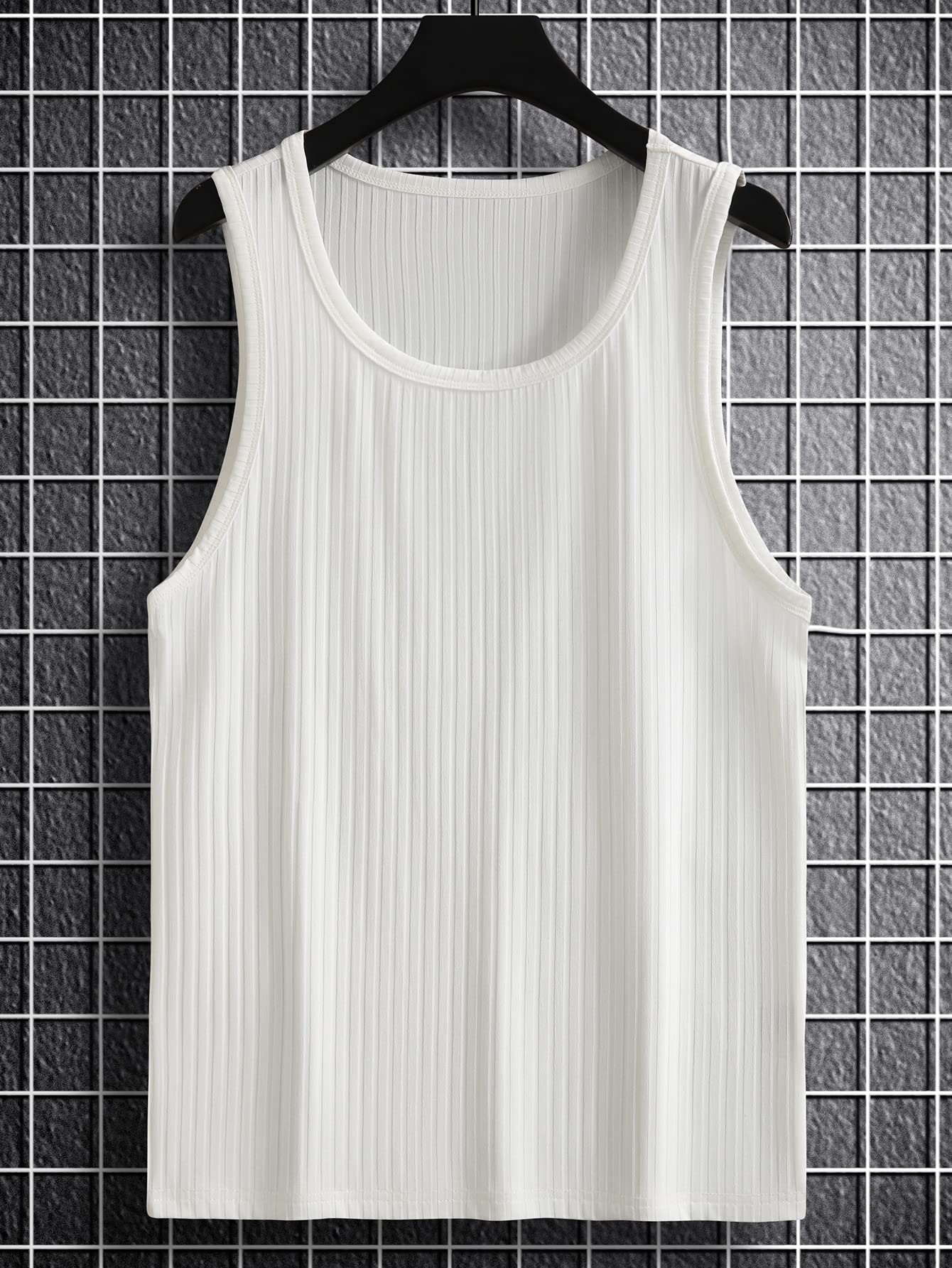 COZYEASE Men's Rib Knit Round Neck Sleeveless Solid Tank Top Bodycon Casual Plain Undershirts Top White M