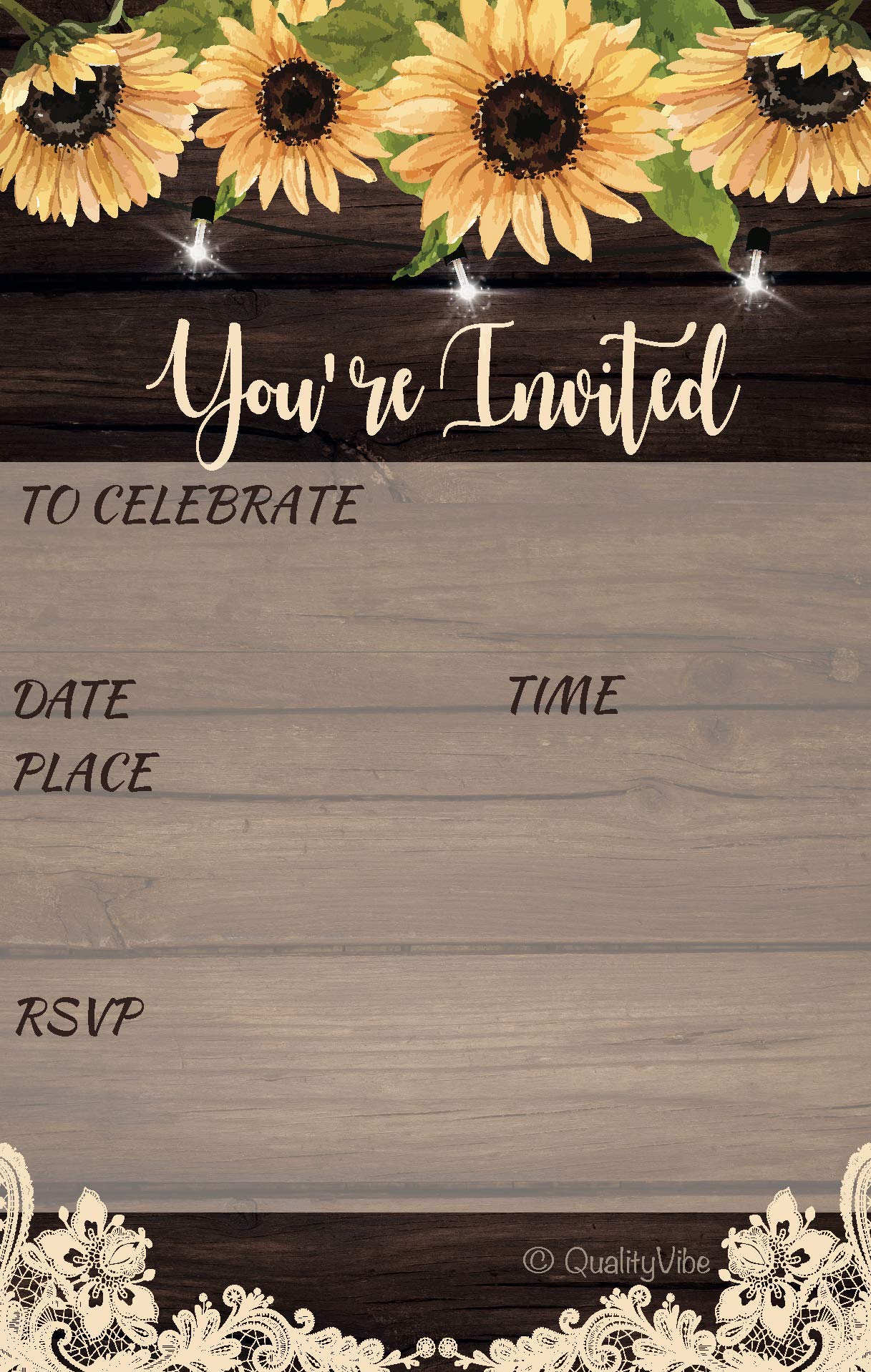QualityVibe 25 Sunflower, rustic Wood & lace Invitations with 25 Envelopes For Weddings, bridal shower, birthdays, housewarming, retirement, engagements and much more events.