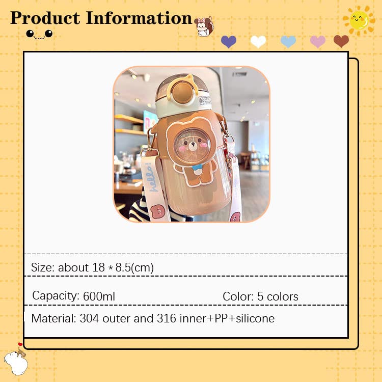 FEUSEUZ Kawaii Water Bottle Cute Little Bear Water Bottle with Shoulder Strap Stainless Steel Thermal and Cold Water Bottle (Coffee,600ml)