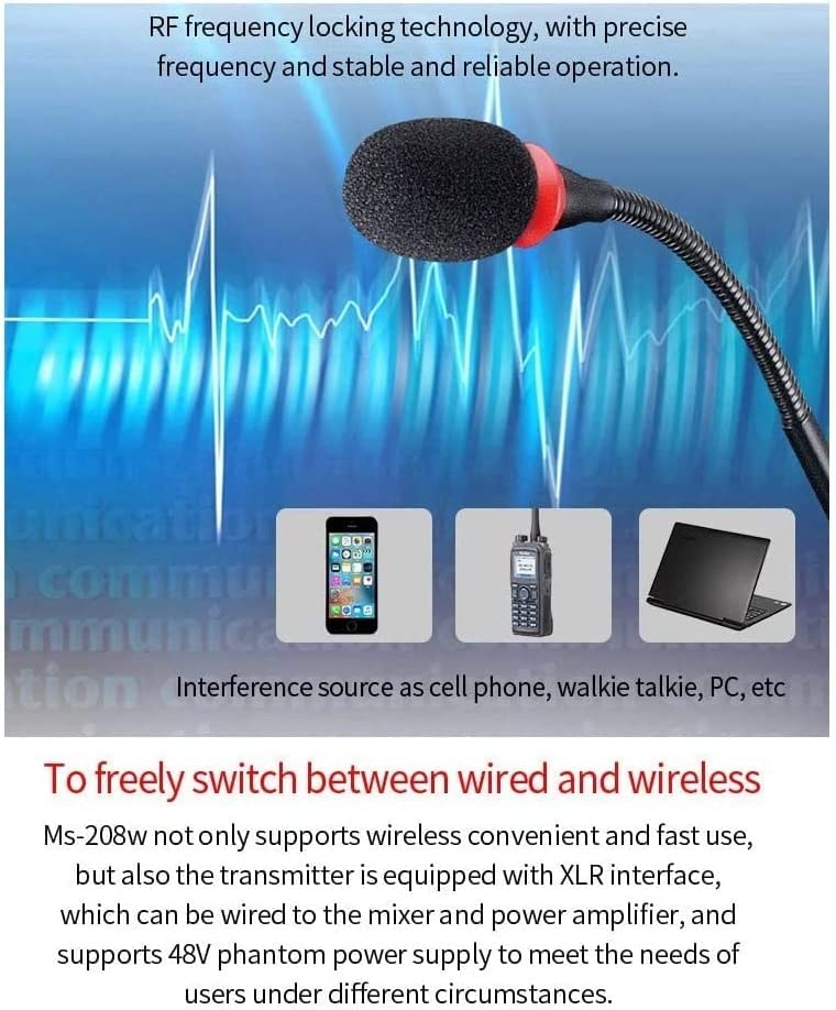Takstar MS-208W VHF Wireless/Wired Professional Conference Microphone System, Gooseneck Table Desktop Cardioid Condenser Microphone for Meeting, Church, Live Presentation, Speech