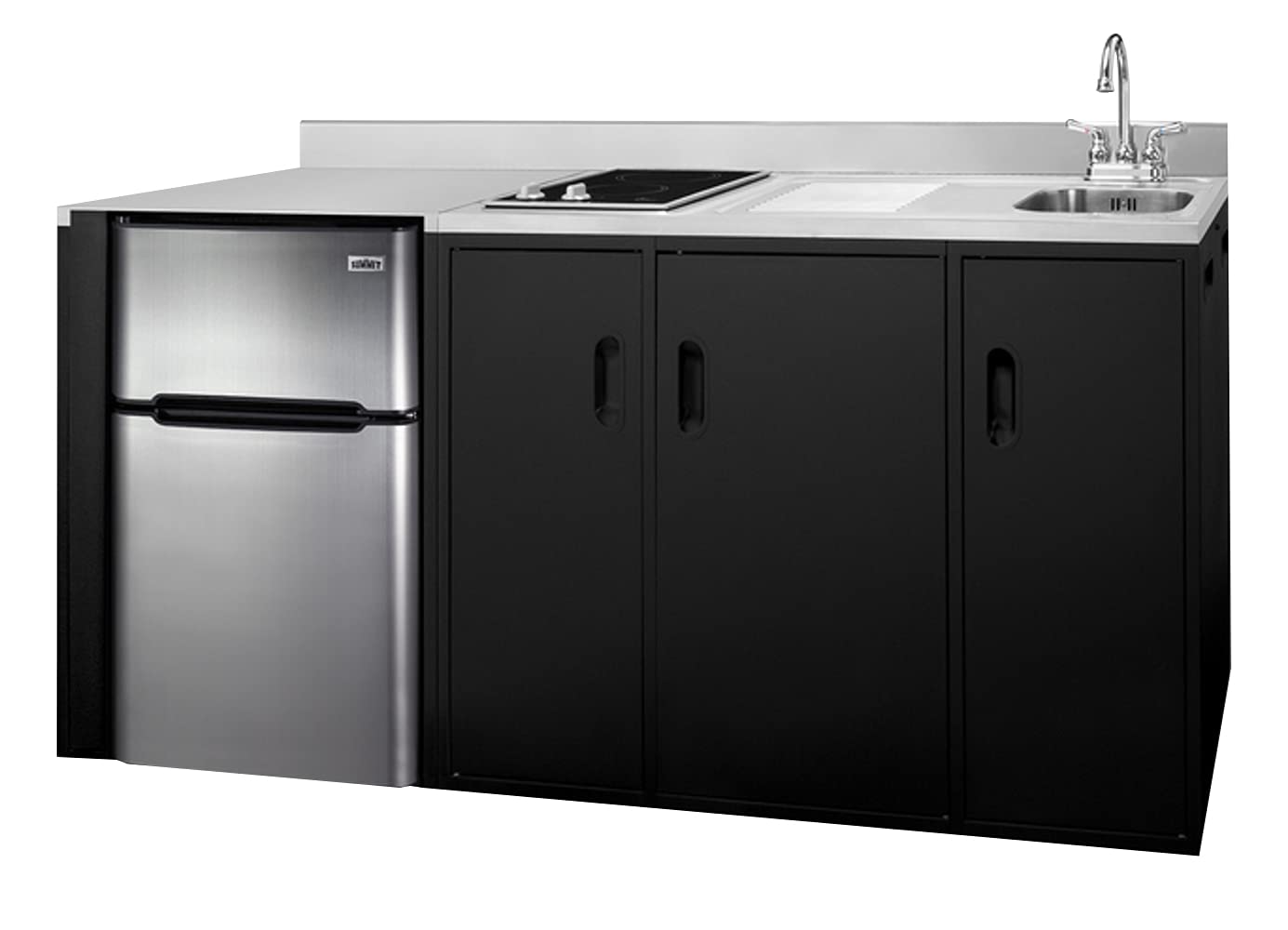 Summit Appliance CK72ADASINKR 72 Wide All-In-One Kitchenette, ADA Compliant, Sink and Faucet, 2-door Refrigerator-freezer, 2-burner Smooth-top Cooktop, Indicator Lights, Storage Compartments,Black