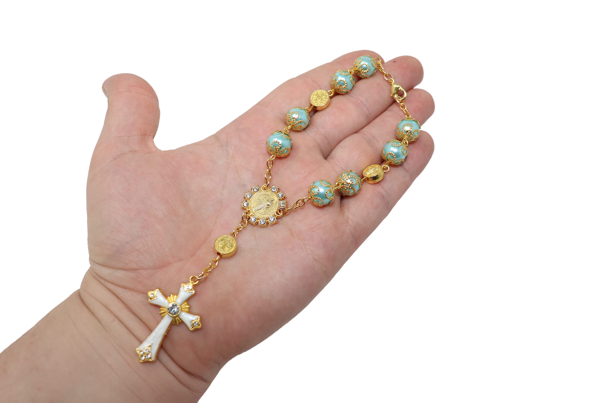 Faith & Gospel Blue Gold Rosary Beads Bracelet Medal Catholic Cross Religious Prayer Chaplet Handmade Communion Confirmation Car Pocket