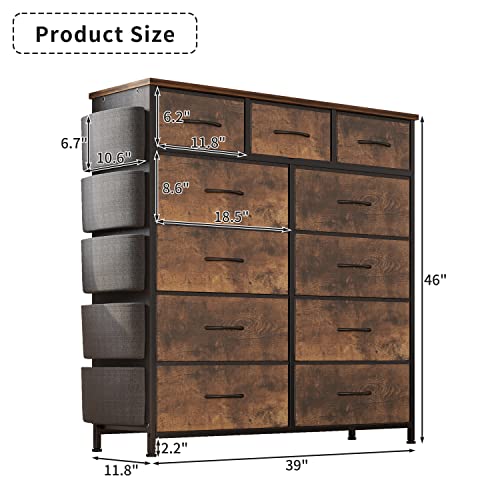 LIVEHOM 11 Dresser Drawer for Bedroom, Chest of Drawers with Side Pockets, Hooks, Fabric Storage Drawer, Steel Frame, Wood Top, Organizer Unit and Pull Handle for Closet, Nursery