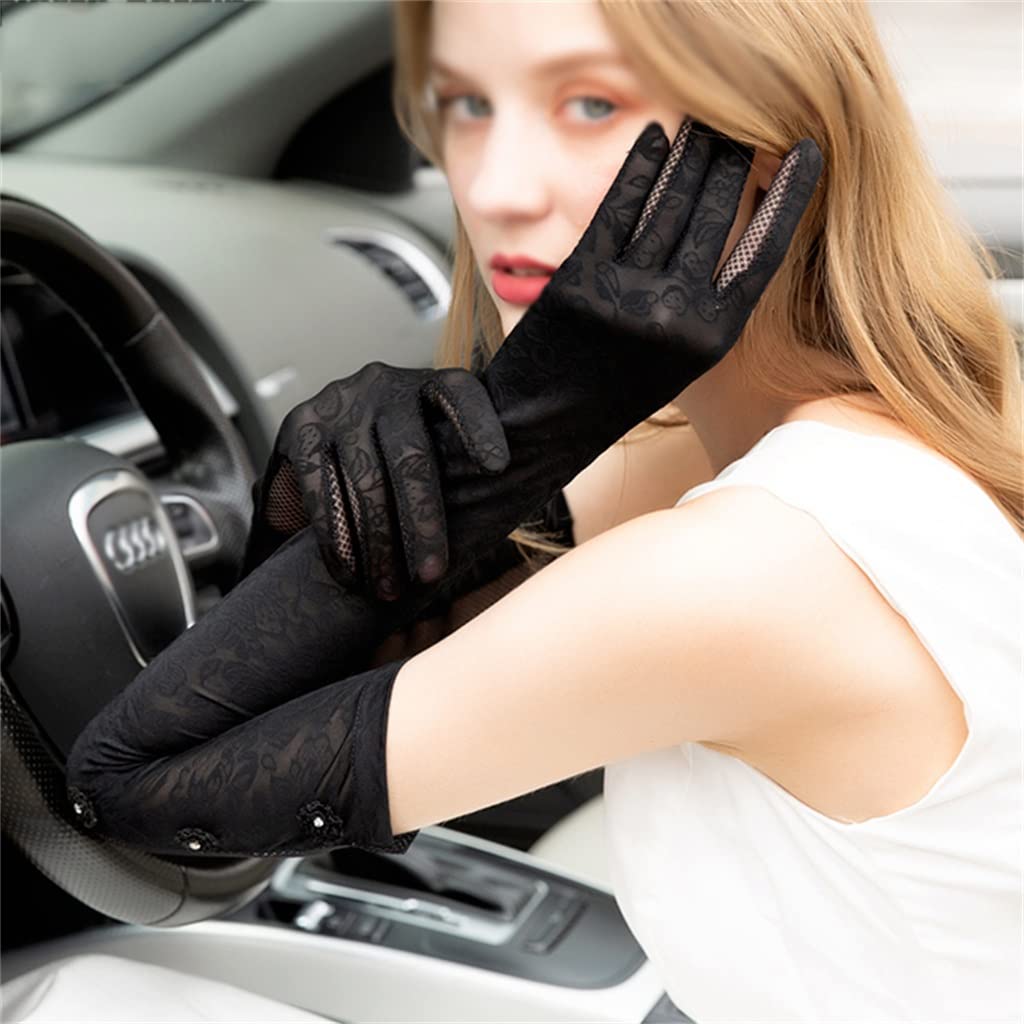 Driving Gloves Women's Summer Thin Long Lace Ice Silk Sleeves Full Finger Touch Screen (Color : A, Size : One Size)