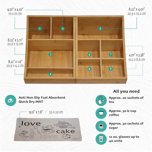 IMAJINAAR Large Capacity Coffee Pod Organizer for K Cups, Tea Bags & Snacks | Bamboo Coffee Station & Condiment Organizer with Spill-Resistant Mat (17.7''x11.8'')