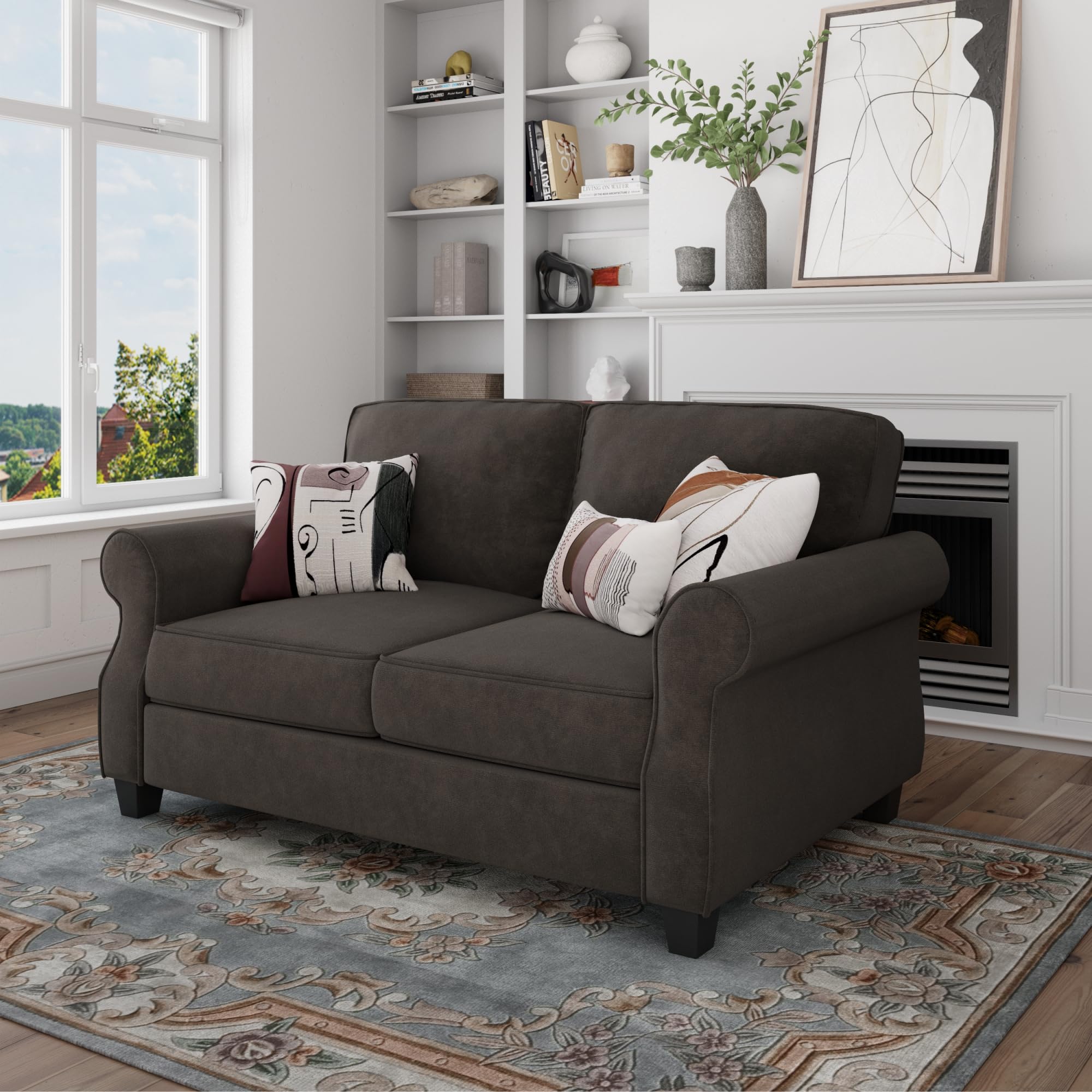 Loveseat Sofa - 56" Small Couch Mid Century Modern Flannel Love Sofas Small Space Saving Upholstered 2 Seater Love Seat Couches for Living Room Bedroom Home Office Apartment and Small Space,Brown
