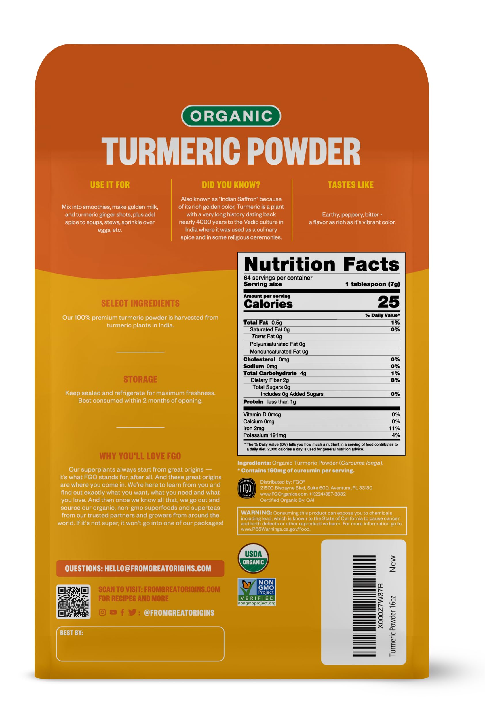 FGO Organic Turmeric Powder w/Curcumin, 100% Raw from India, 16oz, Packaging May Vary (Pack of 1)