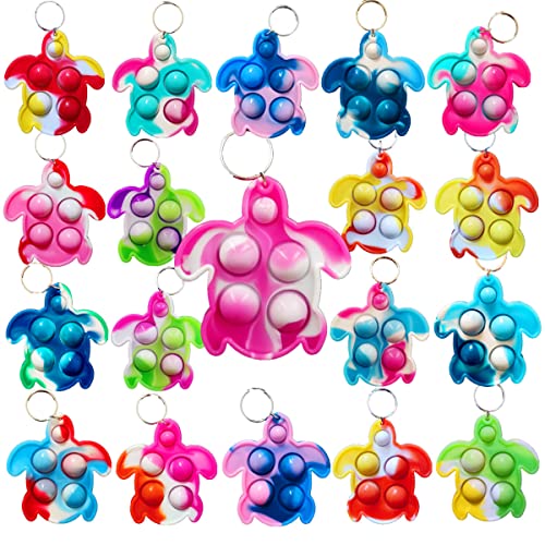 Roaqua 20 Packs Bulk Funny Turtle Mini Pop Varied Rainbow Animal Keychain fidgets Bubble Toys for Kids Children Classroom Students Gift from Teacher, Summer Party Favors Birthday Gift