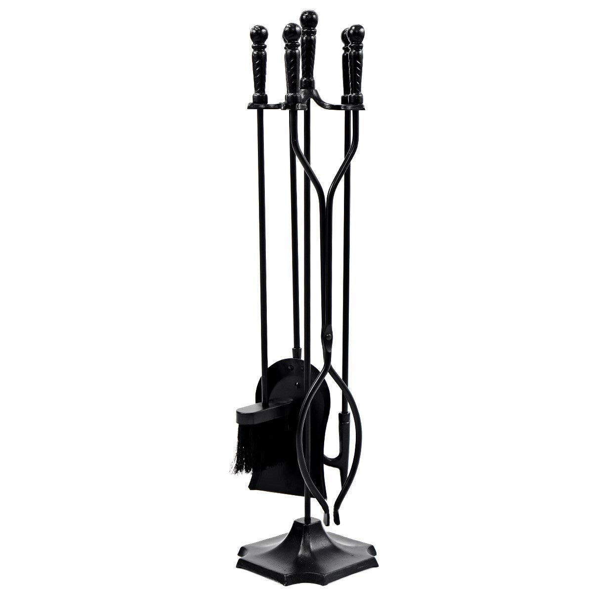 Tangkula 32 inch Fireplace Set 5 Piece Rustic Heavy Duty Compact Wrought Iron Fire Place Tool Set with Pedestal Place, Hearth Tool