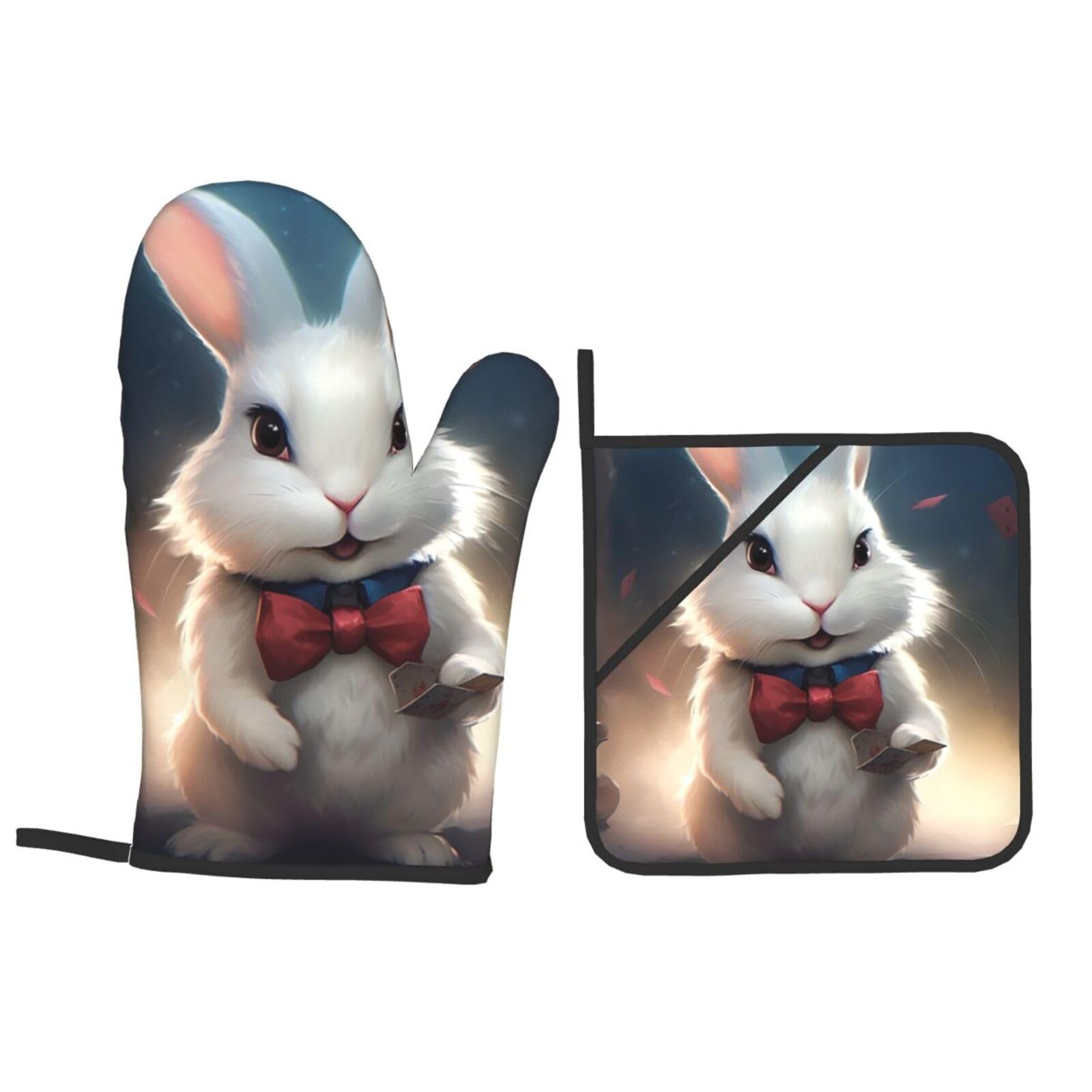 Cute White Rabbit Kitchen Baking 4-Piece Set–Heat Resistant Oven Mitts and Pot Holders Kitchen Hot Pads